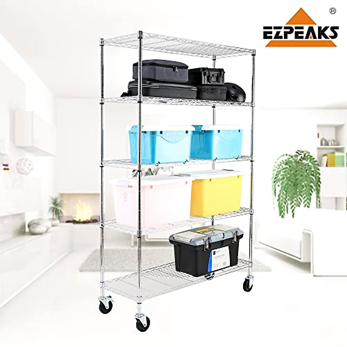 EzPeaks 5-Tier Chrome NSF Certified Storage Shelves, Heavy Duty Steel Wire Shelving Unit with Wheels and Adjustable Feet, Used as Pantry Shelf, Garage or Bakers Rack Kitchen Shelving (18"DX48"WX72"H)