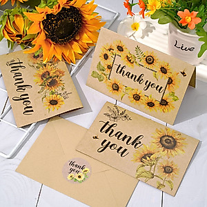 AnyDesign 36 Pack Kraft Sunflower Thank You Cards Assortment Bulk Spring Summer Flower Blank Note Cards with Envelope Stickers Floral Thank You Greeting Cards for Wedding Baby Bridal Shower, 4 x 6