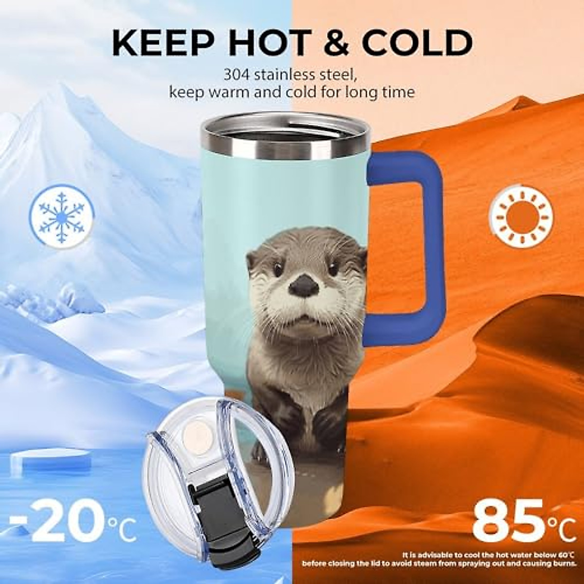 LLUTSNTH 40 Oz Vacuum Tumbler with Deep Blue Handle Leakproof Insulated Tumbler Cute Otter Stainless Steel Travel Mug with Lid And Straw Coffee Cup Cute Water Bottles Cup Holder Friendly
