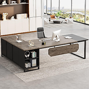 Tribesigns 70.8-Inch Executive Desk with 55-Inch File Cabinet, Large L Shaped Computer Desk with Storage Cabinet and Shelves, Industrial L-Shaped Desk for Home Office, Retro Gray & Black
