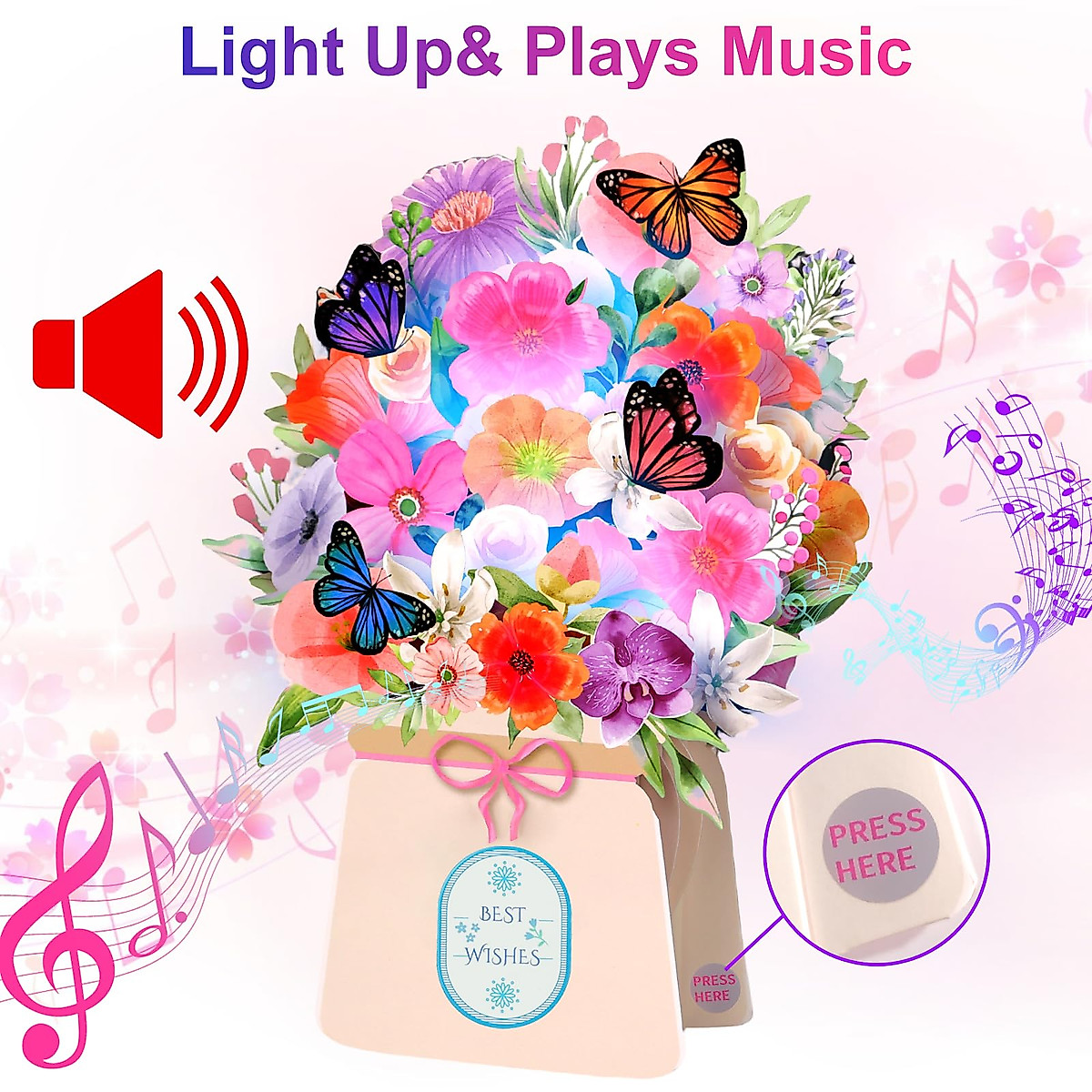 LIGHTS & MUSIC DIY Pop Up Cards, THANK YOU, BEST WISH, CONGRATS, GET WELL SOON, JUST FOR YOU, I LOVE YOU, 10'' Lily and Butterflies Flower Bouquet 3D Greeting Cards for Women Wife Mom Sister Friend