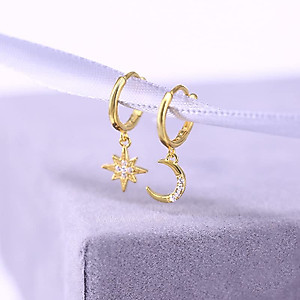14K Gold Star Moon Hoop Earrings,Shiny Gold Dainty Moissanite Dangle Drop Earrings for Women,Fashion Jewelry Gift fo Her (Style 1, 14K Gold)