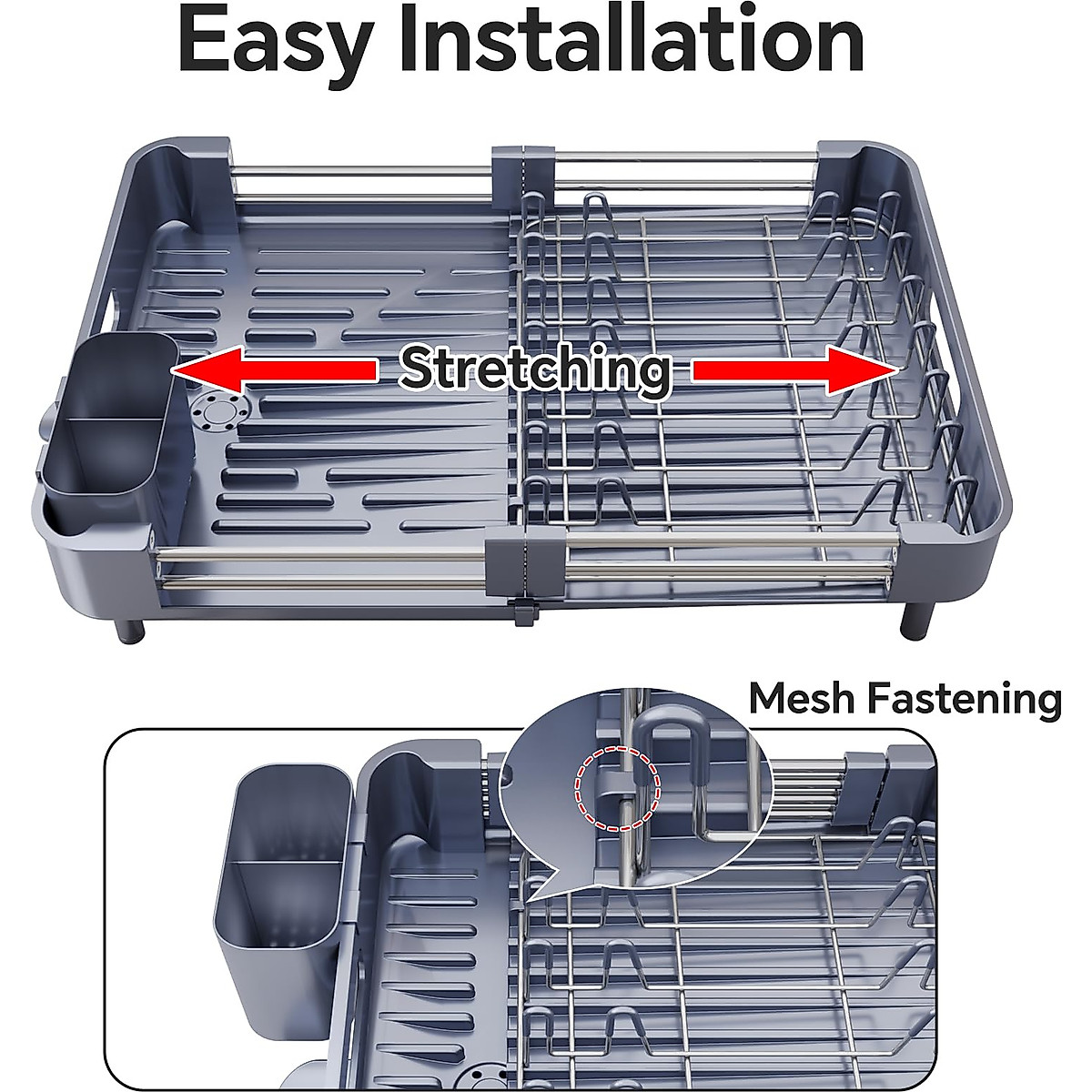 Dish Drying Rack, Kitchen Dish Drainer Rack, Expandable(13.2"-19.7") Stainless Steel Sink Organizer Dish Rack and Drainboard Set with Utensil Holder Cups Holder for Kitchen Counter