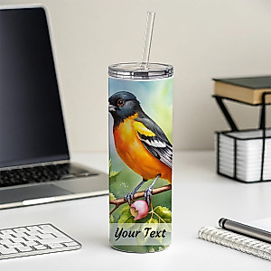 Personalized Custom Name Text Oriole In Tree Bird Watercolor Skinny Tumbler 20oz with Straw Insulated Water Bottle Gift - 1 Line Horizontal