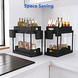 Dynoar 2 Pack Double Sliding Under Sink Organizers and Storage, 2-Tier Pull-Out Organizers for Kitchen Bathroom, Under Sink Organizers with Dividers Hanging Cups Hooks