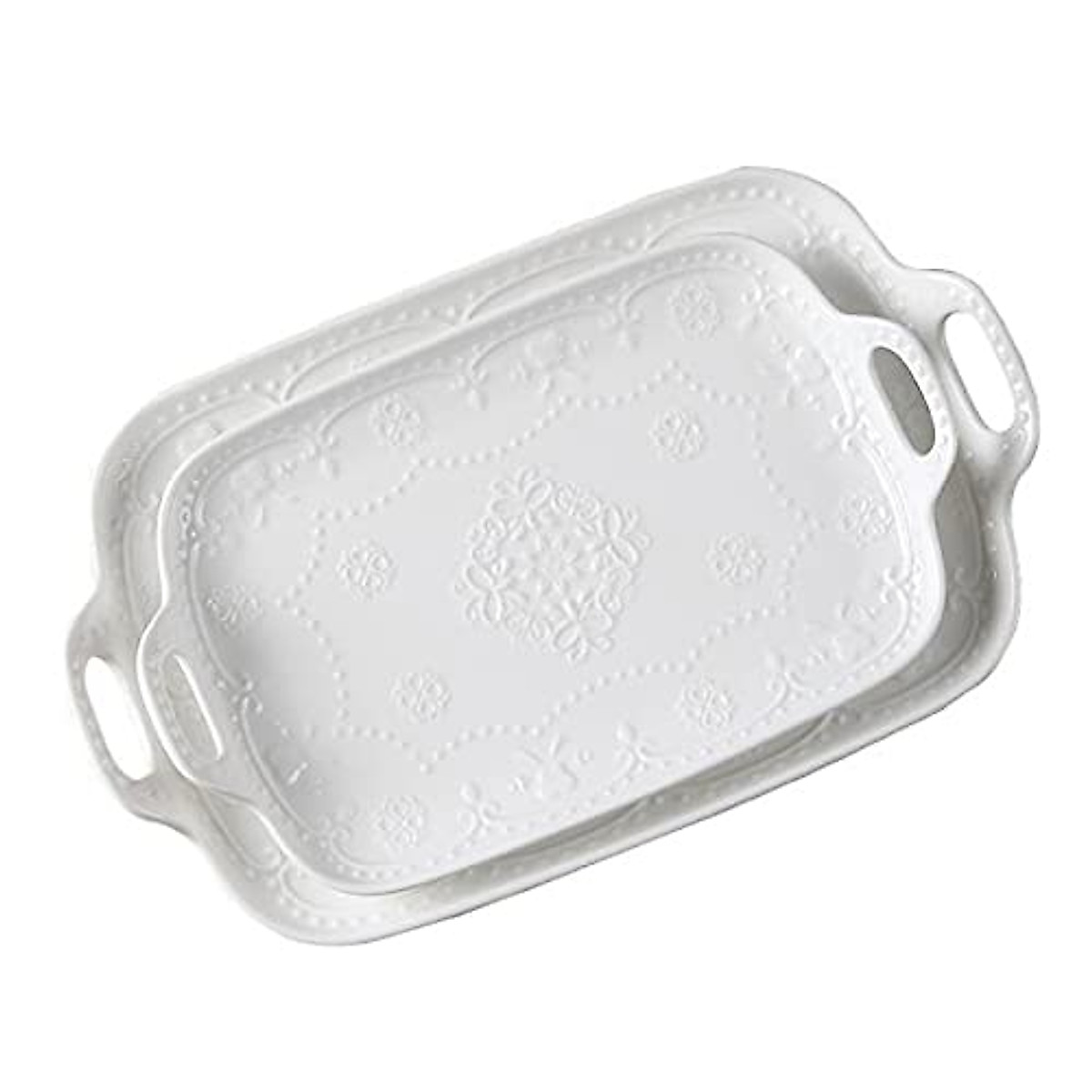 LEUYA Dinner Plate 2pcs Set,10+12inch, White Embossed Porcelain Square Tray with Handle, Ceramic Buffet Tray, Chafing Dish, Display Plate
