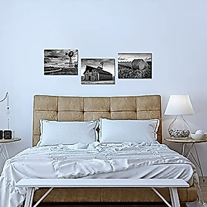 SiMiWOW Farmhouse Landscape Picture Wall Decor Countryside Windmill Barn Picture Wall Art Canvas Prints Framed 12"x16"x3 Pieces, Black and White