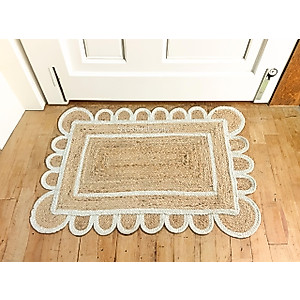 Shiv Shakti Exports White Scalloped Natural Jute Area Rug, Natural Base Off White Trim (2x3 Feet / 61x92 Cm)