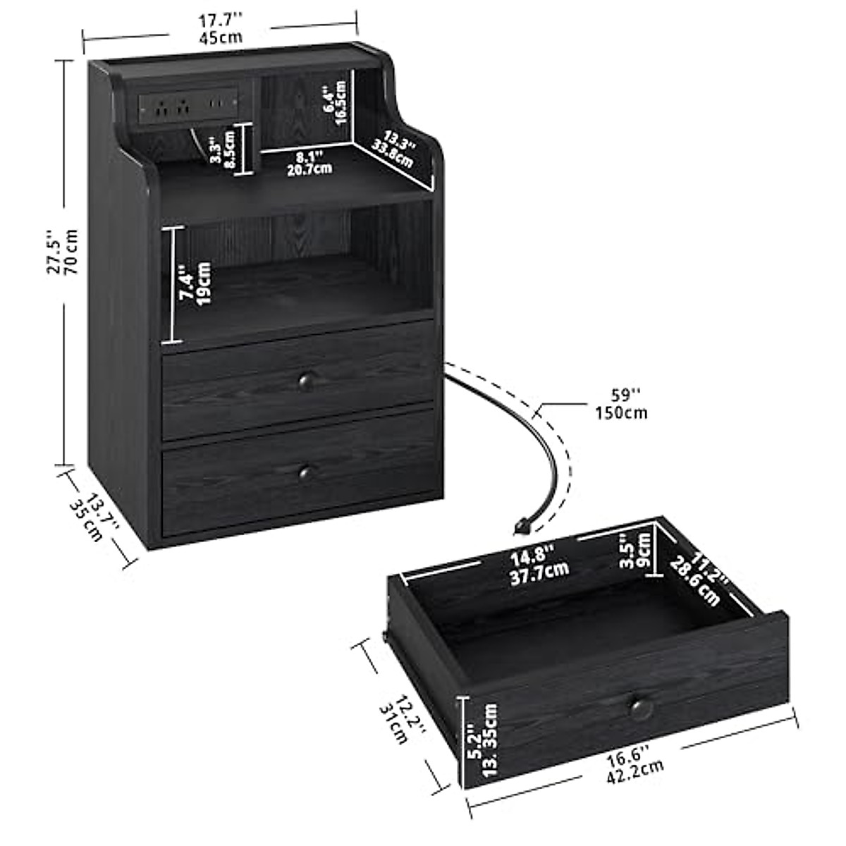 LIKIMIO Black Nightstand with LED Charging Station 2 Drawers and Storage Shelves, Left and Right Interchangeable Sockets Bed Side Table Night Stand with Drawer