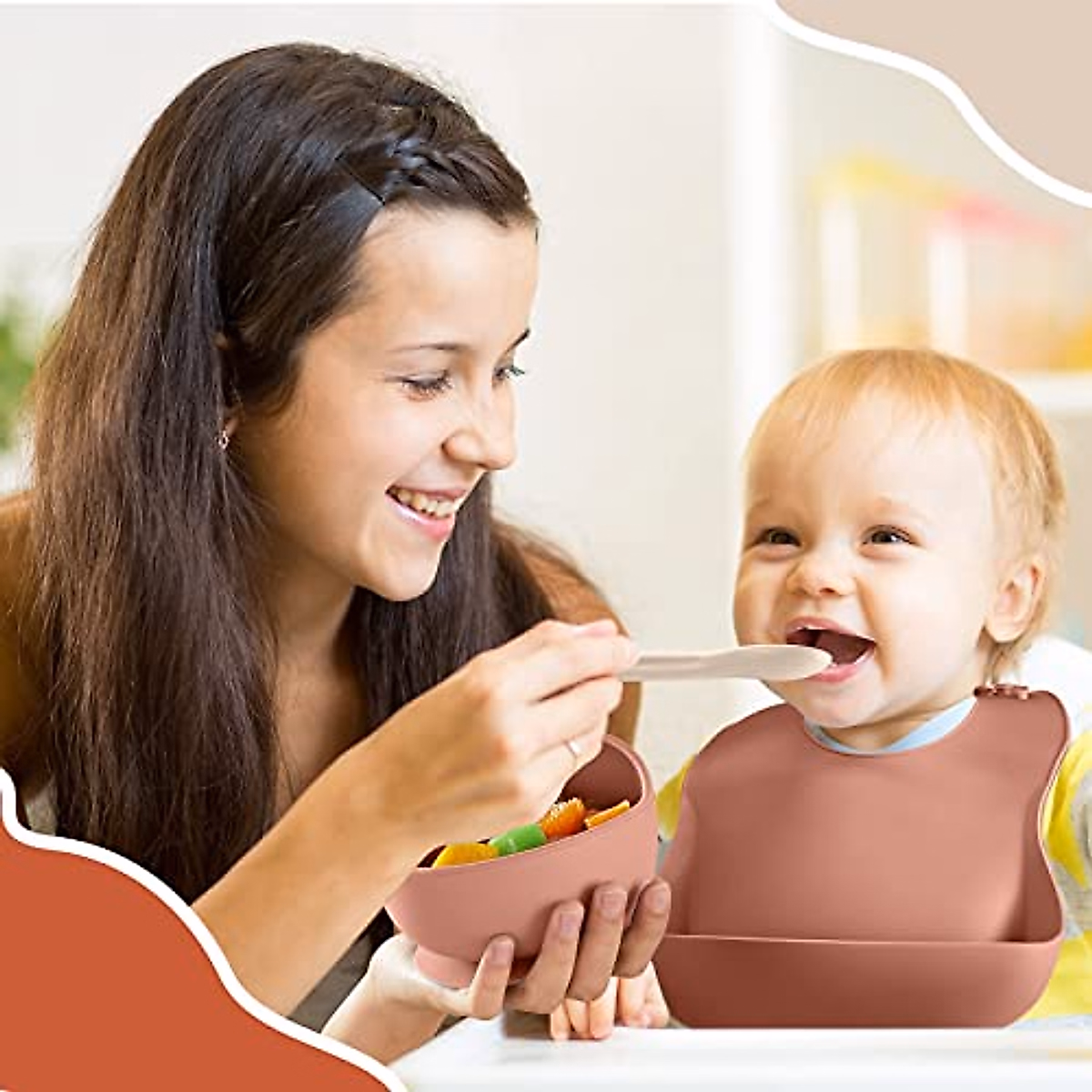 Potchen 10 Pack Silicone Baby Feeding Set, Toddlers Led Weaning Supplies with Suction Bowl Divided Plate Adjustable Bib Soft Spoon Fork, Infant Self Eating Utensil Set (Beige, Orange)