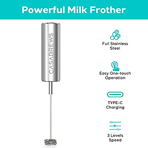 CASABREWS Milk Frother Wand, Handheld Stainless Steel Coffee Frother, Powerful Drink Mixer with Stand, Rechargeable Electric Whisk with 3 Speeds for Lattes, Cappuccinos, Matcha, and Hot Chocolate