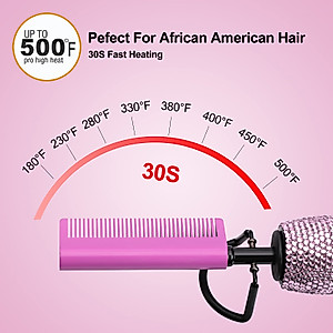 LURA Pink 180-500°F Hot Comb Electric for Wigs, Straightening for African American Hair,Pressing for Natural Black, Bling Diamonds Straightener Brush for Women Thick Hair…