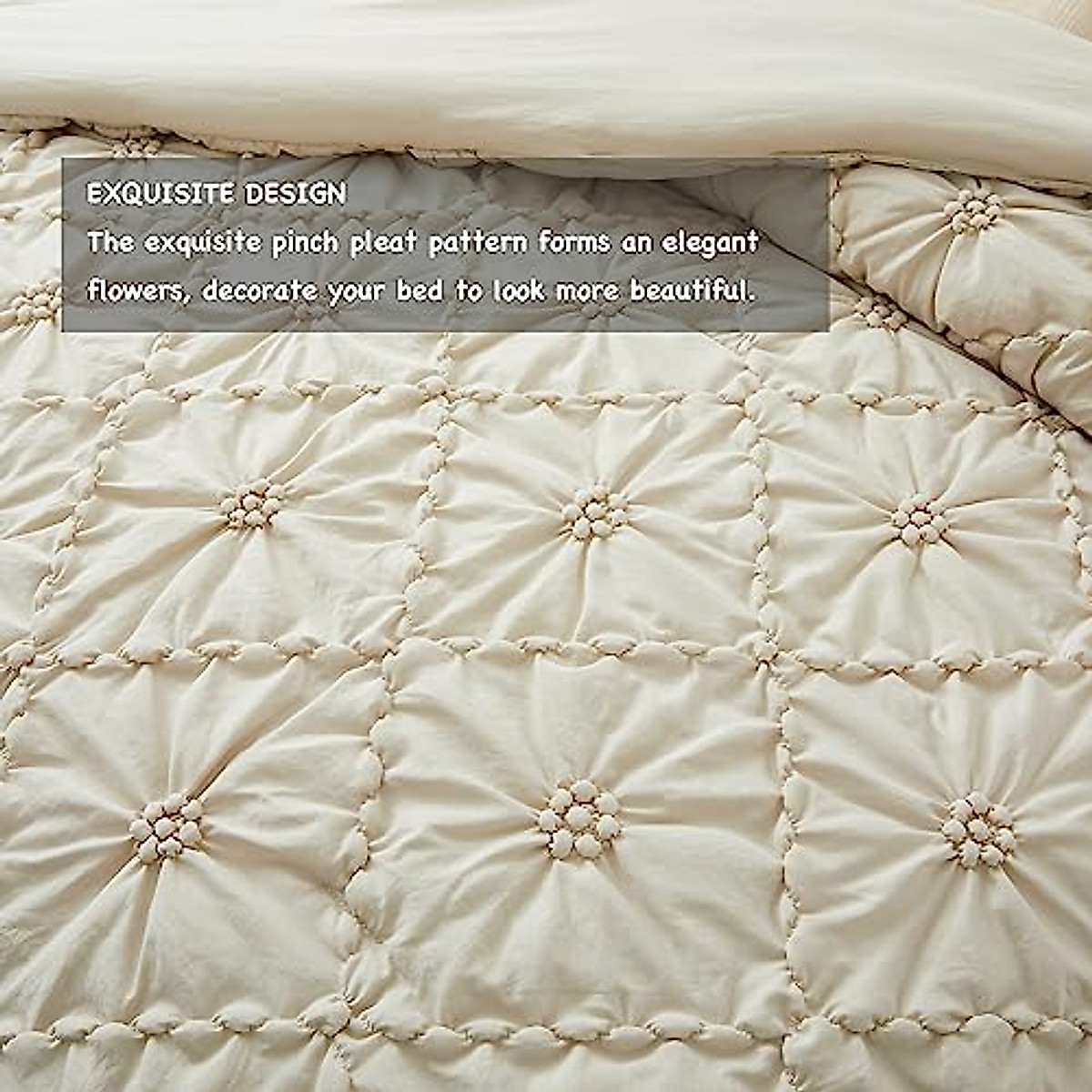 BEDAZZLED Comforter Set King Size, Pinch Pleat Exquisite Bedding, Bed in a Bag with Ruffled Shams All-Season Down-Alternative, Beige(102"*88")