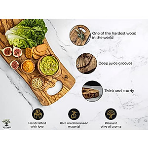 SOLTAKO Olive Wood Cutting Steak Board, Wooden Charcuterie Board, Large Cheese Board, Hand Made Serving Platter, Rustic Chopping Board with Juice Groove, Chopping Board with Handle (17,7")