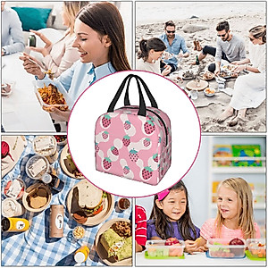 Insulated Lunch Bag Reusable Lunch Box, Cooler Lunch Tote Bag With Front Pocket for Women Men Picnic Office Work, Simple Strawberry Print
