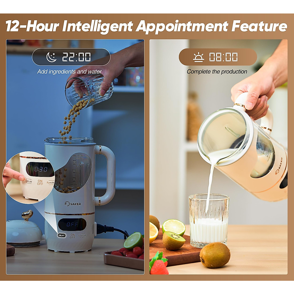 SAKER Automatic Nut Milk Maker,35oz Homemade Almond, Oat, Soy, Plant-Based Milk and Dairy Free Beverages, Almond Milk Maker with Delay Start/Keep Warm/Boil Water, Soy Milk Maker