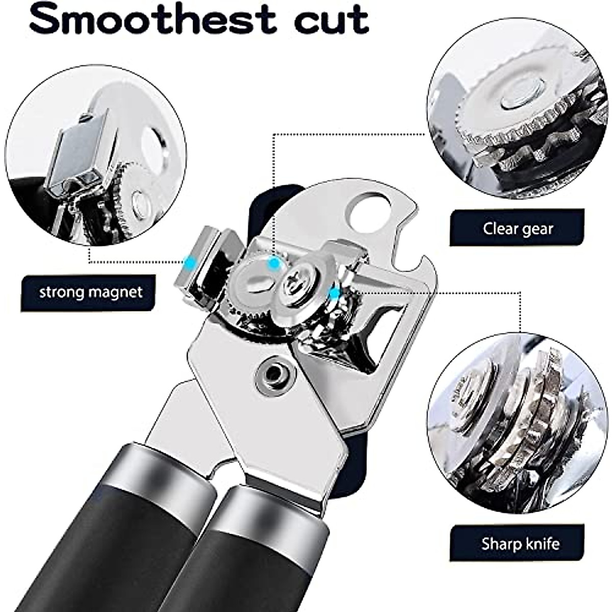 Can Opener Manual with Magnet,Hand Held Can Opener Smooth Edge,Strong Good Grips Safety Can Opener Heavy Duty for Safe Cut,Handheld Manual Can Opener with Sharp Cutting Wheel,Black