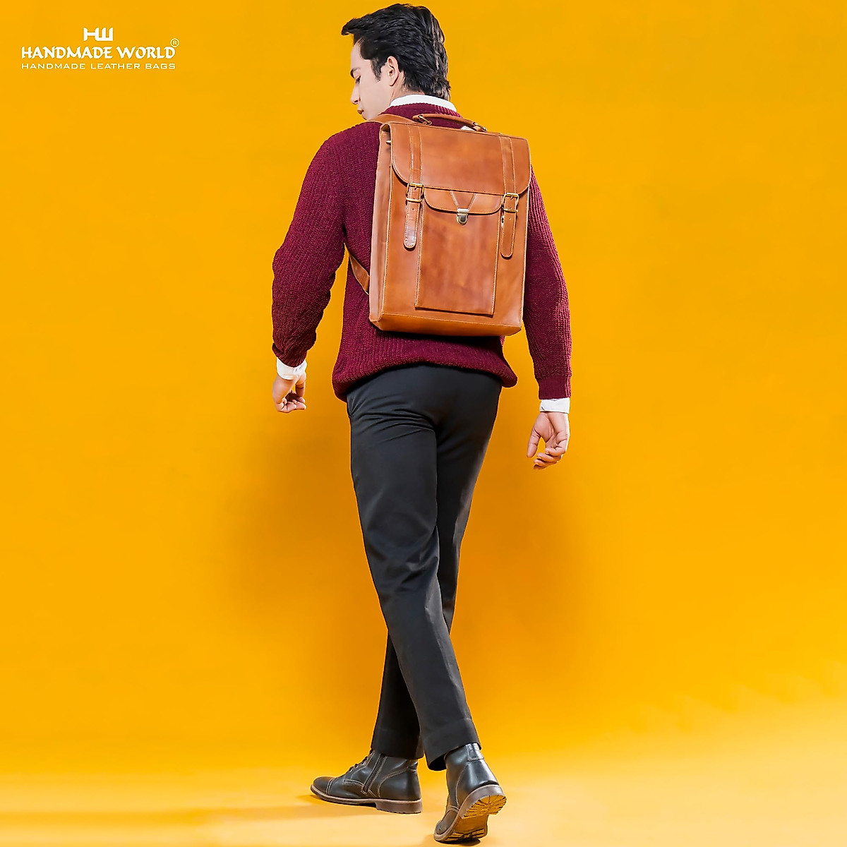 Handmade World Full Grain Soft Buffalo Black 17 Inch Large Leather Backpack Convertible Vertical Messenger bags Computer Briefcase Laptop Satchel Travel Crossbody Bag for Office Work College