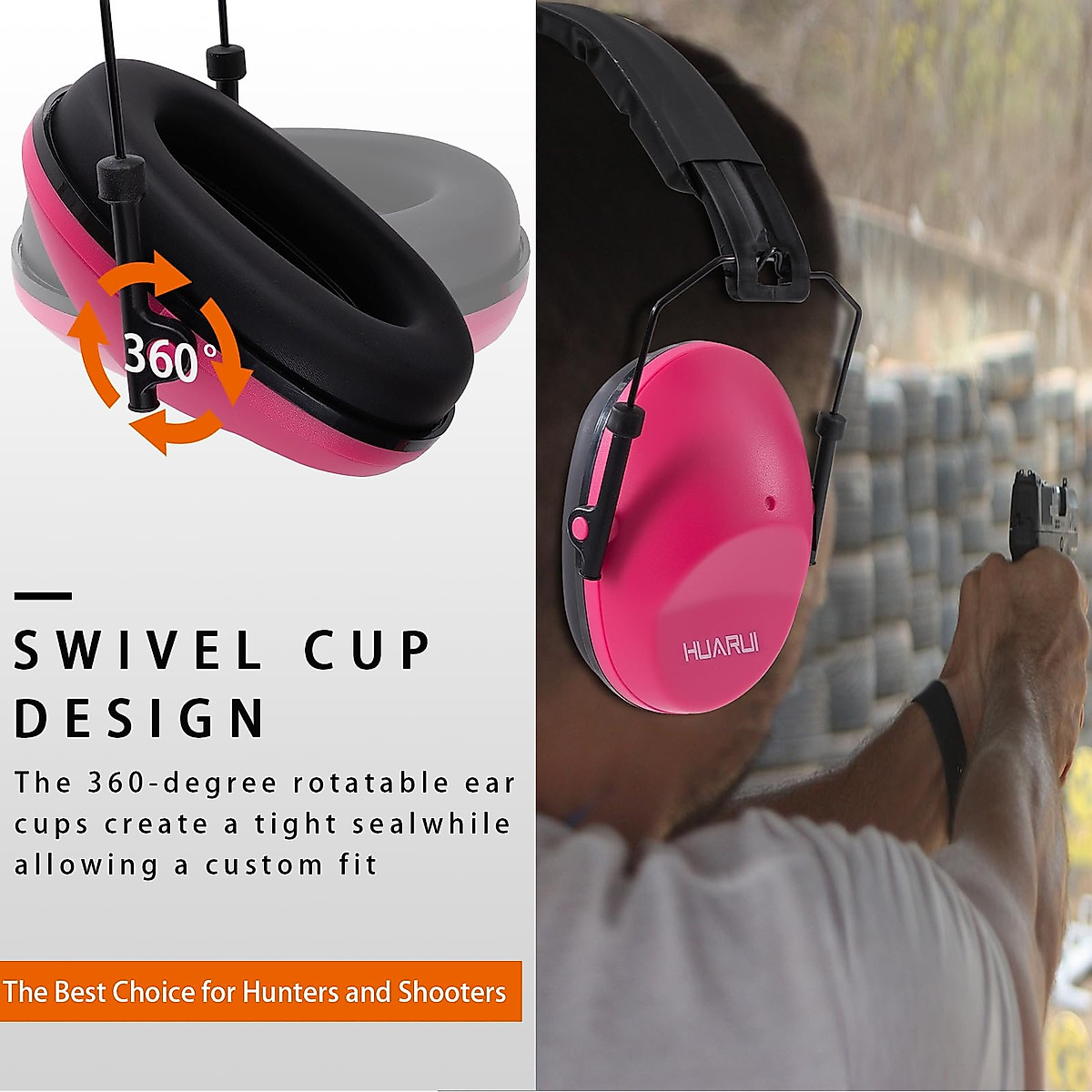 HUARUI Noise Cancelling Ear Muffs, Ear Protection Safety Earmuffs for Shooting, Noise Reduction for Adults Kids Autism Hearing Protection (Pink)