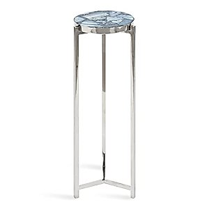 Kate and Laurel Aguilar Modern Round Drink Table, 8 x 8 x 23, Blue and Silver, Small Accent Table for Use as Plant Pedestal Stand with Agate Stone Tabletop