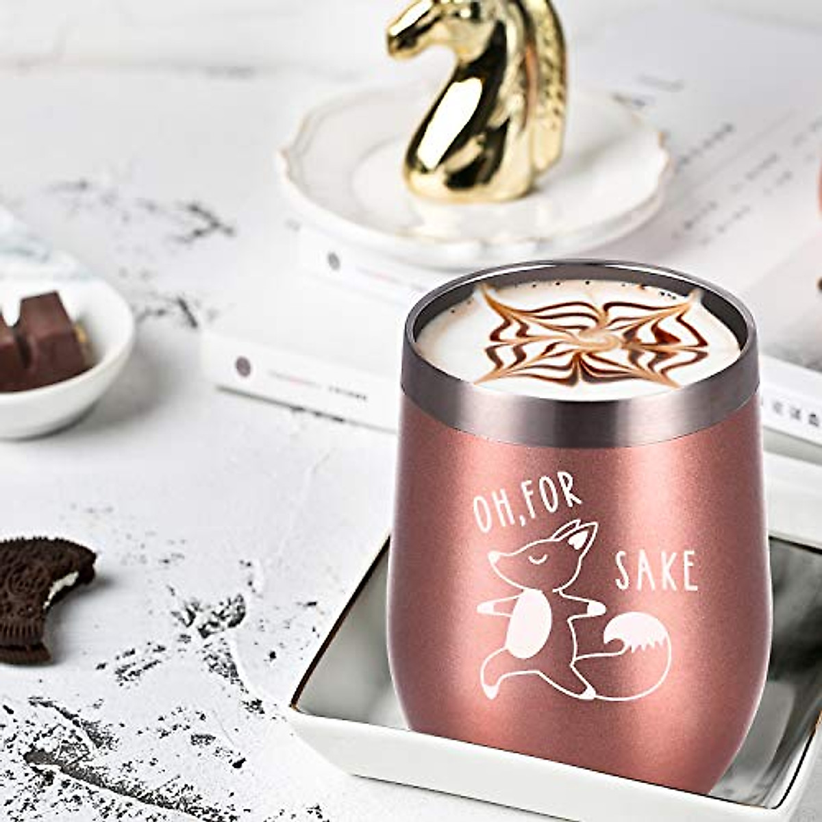 GINGPROUS Oh for Sake Wine Tumbler, Birthday Gifts for Women Friends Mom Dad Wife Husband Family Grandma, 12 Oz Insulated Stainless Steel Wine Tumbler with Lid, Rose Gold