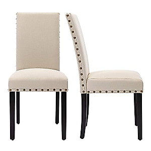 LSSBOUGHT Set of 2 Fabric Upholstered Dining Chair with Nailheads and Sturdy Wooden Legs, Beige