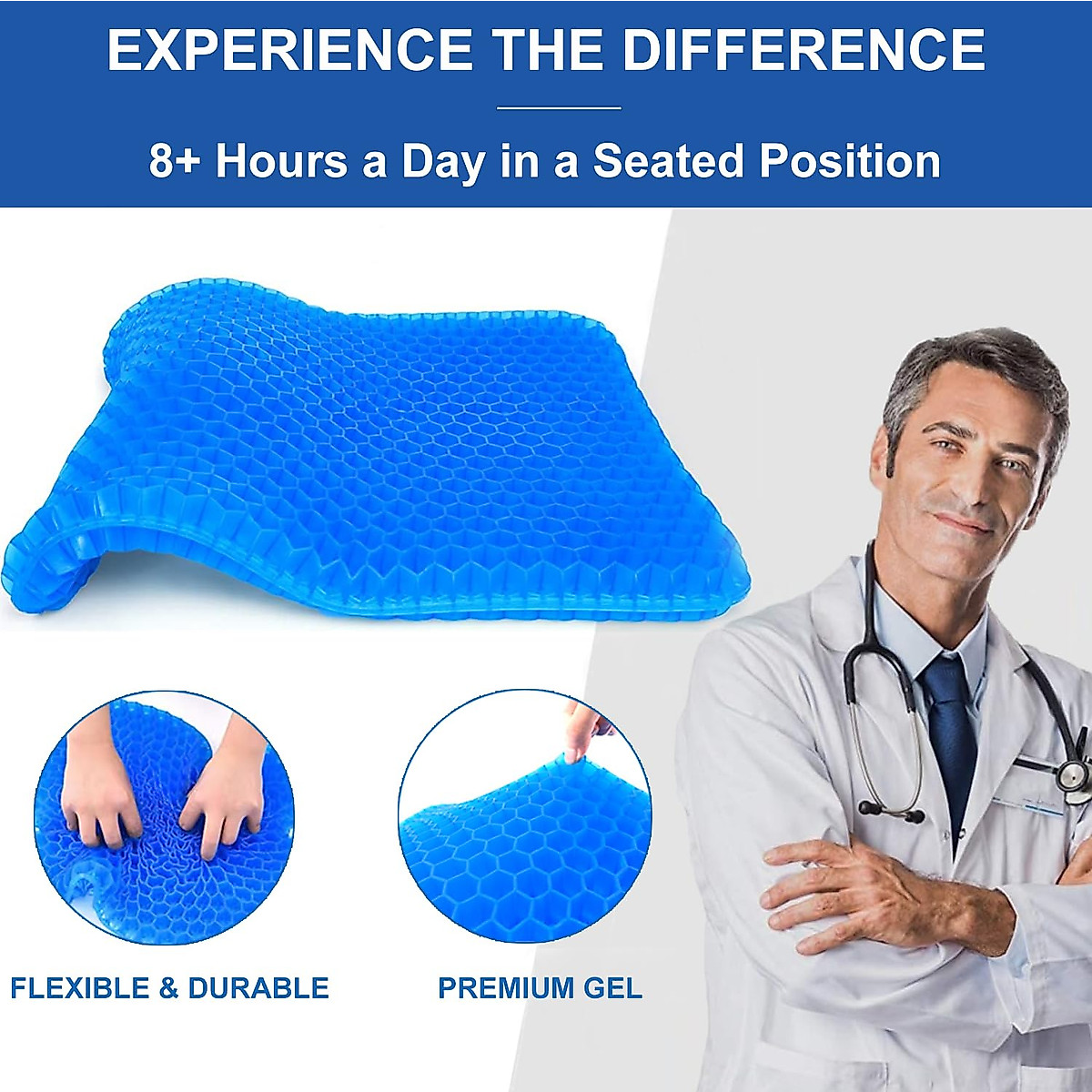 Gel Seat Cushion for Long Sitting Pressure Relief (Super Large & Thick) - Non-Slip Gel Chair Cushion for Back,Sciatica,Tailbone Pain Relief - Seat Cushion for Office Desk Chair,Car Seat,Wheelchair