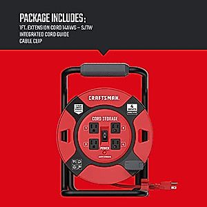CRAFTSMAN Retractable Extension Cord Reel 1 Ft. With 4 Outlets, Cable Management & Heavy Duty 14AWG SJTW Cable