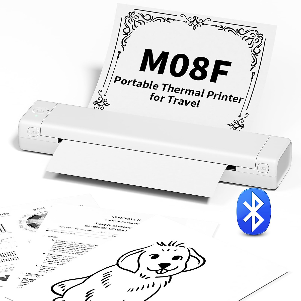 Odaro M08F Portable Wireless Letter Printer for Travel, Bluetooth Thermal Inkless Small Printer, Support 8.5" X 11" Letter Size Thermal Paper, Work with Laptop Phone and Pad - White