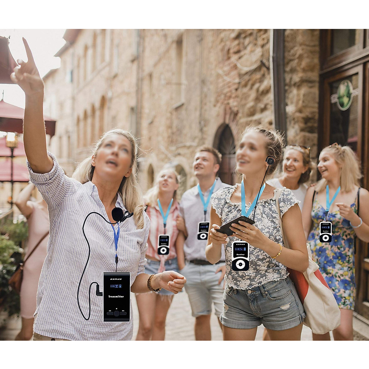 EXMAX® ATG-100T 195MHZ Wireless Tour Guide System Translator Headset Device Channel 99 Social Distancing Assisted Listening System for Churches Church Translation Meet (1 Transmitter 5 Receivers)