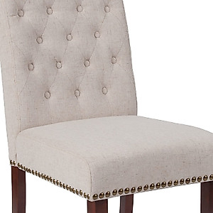 Flash Furniture HERCULES Series Beige Fabric Parsons Chair with Rolled Back, Accent Nail Trim and Walnut Finish
