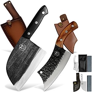 XYJ Full Tang Handmade Forged Serbian Chef Knife 6.7 Inch Butcher Knives 6.2 inch Boning Knife for Camping Hunting with Leather Sleeves
