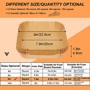 BYKITCHEN Air Fryer Sheets Liners for Ninja AG301 Grill, AF141, Cosori Air Fryer, 9 Inch Square Air Fryer Parchment Paper Filters for 5 to 8 Qt Basket, Ninja Foodi Grill Accessories (Set of 100)