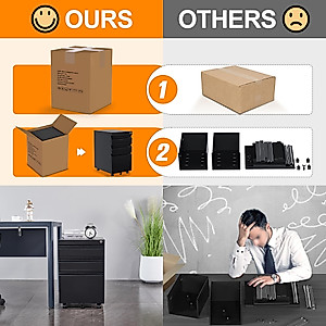 Reemoon Metal Rolling File Cabinet with 3 Drawers, Under Desk Mobile Filing Storage Cabinet with Lock for Home Office Scool,Required Assembly,Black