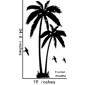 BIBITIME 2 Coconut Trees Wall Decal Black Vinyl Coco Palm Silhouette Birds Sticker for Living Room School Nursery Bedroom Kids Children Rooms Decor Home Art Murals