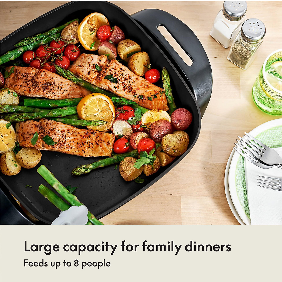 BELLA Electric Ceramic Titanium Skillet, Roast, Fry and Steam, Healthy-Eco Non-stick Coating, Convenient Easy Clean Up, Glass Lid Included, 12" x 12", Copper/Black