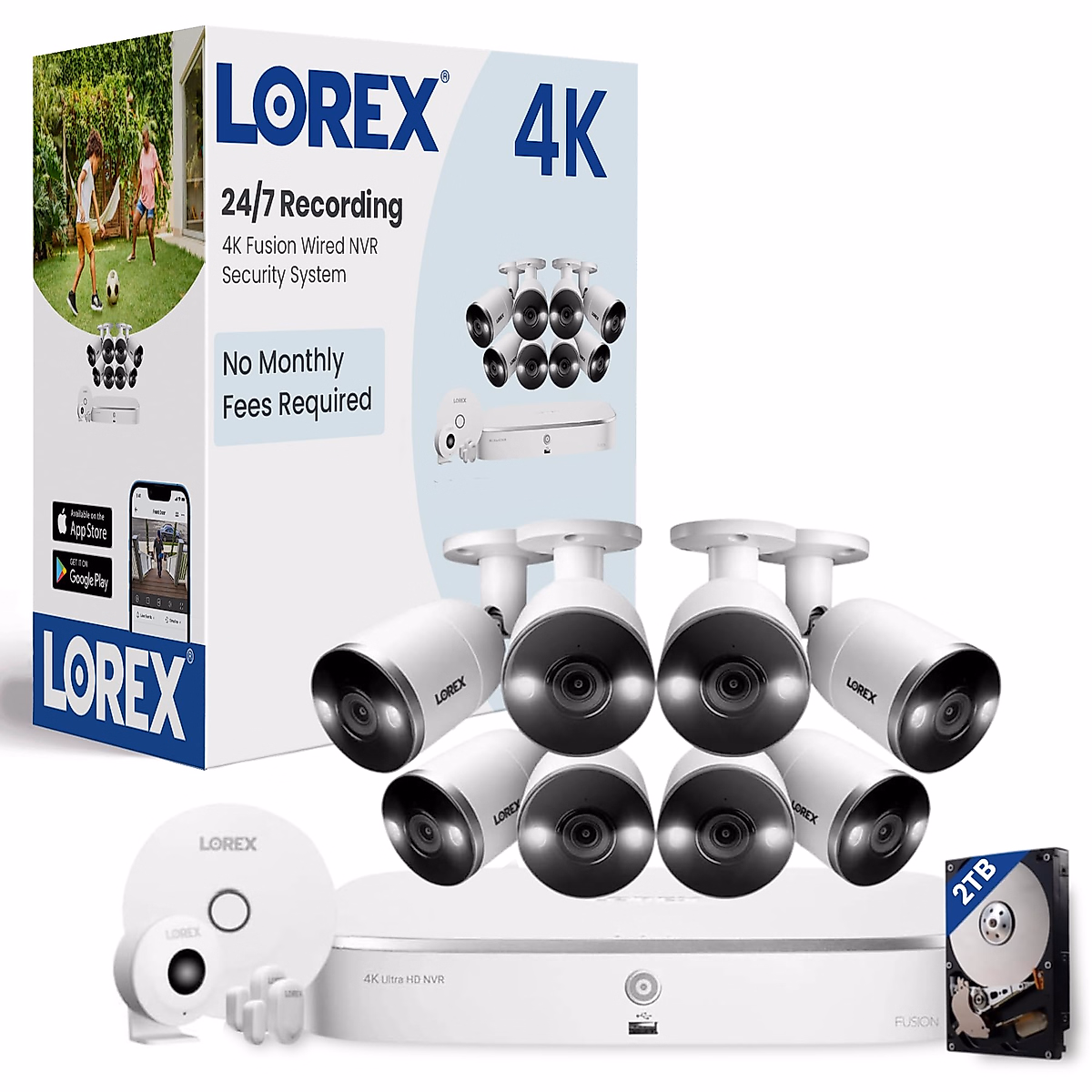 Lorex Fusion 4K Security Camera System w 2TB NVR - 8 Channel PoE Wired Home Security w 8 Metal Cameras - Motion Detection, Active Deterrence, 2-Way Audio, Color Night Vision, Weatherproof Surveillance