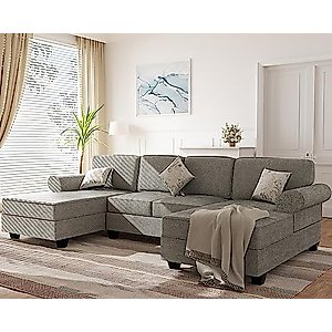 Ucloveria Sofas & Couches, Modern U-Shaped Sectional Sofa with Sleeper Sofa Bed and Double Storage Spaces, 3 Pillows Included, Reversible Chaise for Living Room Furniture Sets, Gray