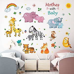 Supzone Jungle Animal Wall Decals Cartoon Animal Mother with Baby Wall Stickers Elephant Giraffe Monkey Wall Sticker for Kids Baby Nursery Playroom Bedroom Girls Boy Room Wall Decor