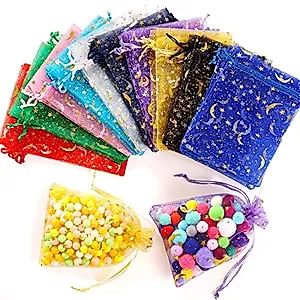 ENNIYU 100 Pieces Moon Star Organza Bags, 4x6“ Mixed Color Christmas Wedding Favors Gift Drawstring Bags Jewelry Pouches Candy Mesh Pouches