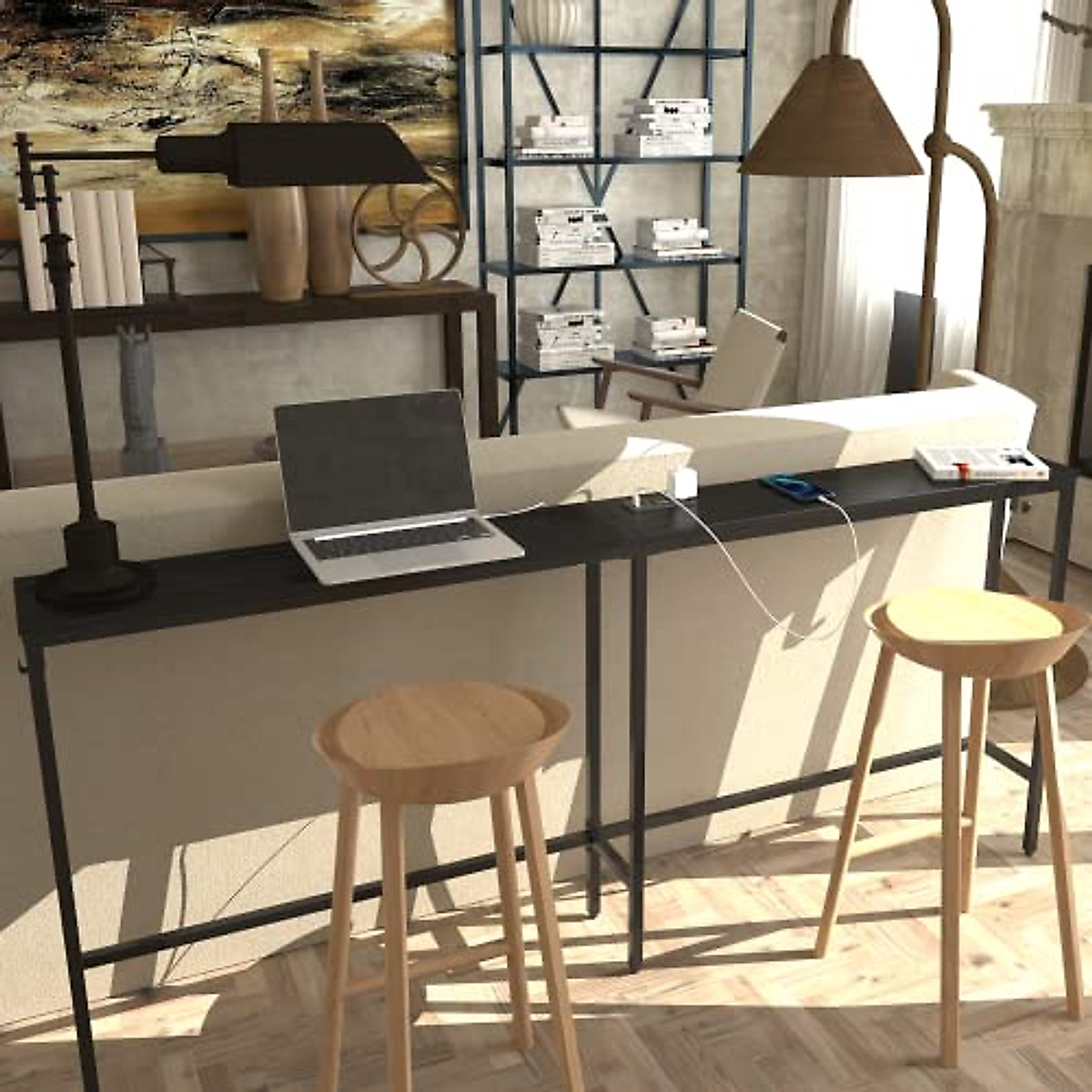 LEOMONIO 7.9" Narrow Sofa Table with Outlet, 70.9" Long Console Table Behind Couch, Skinny Table with Detachable Hooks and Charging Station for Entryway, Hallway, Living Room, Metal Frame & Black Wood