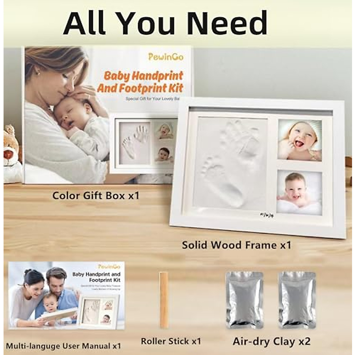 PewinGo Baby Footprint Kit,Baby Clay Hand and Footprint Kit,Newborn Baby Handprint Kit,Baby Keepsake Frames for First Mothers Day Gifts,Personalized Baby Shower Gifts for New Mom,New Parents