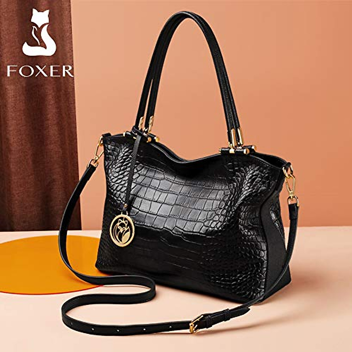 Black Leather Satchel Handbags for Women, Genuine Leather Crocodile Pattern Ladies Alligator Top-handle Bags with Adjustable Shoulder Straps Women's Tote Purses and Handbags Womens Casual Carryalls