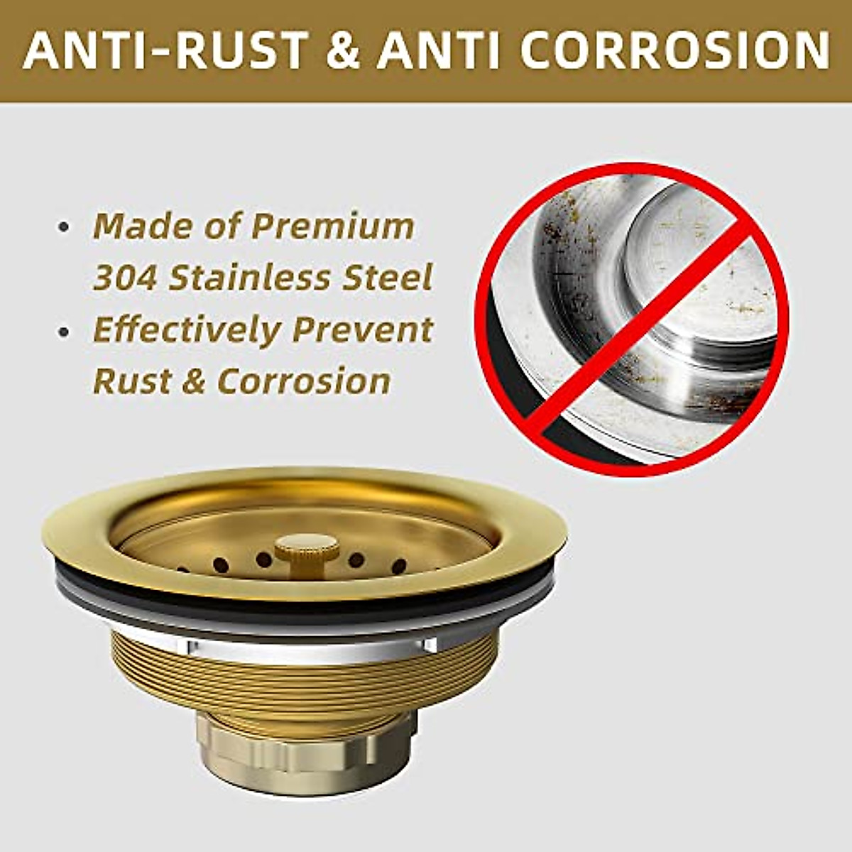 EXAKEY Kitchen Sink Drain Assembly Gold Sink Drain Strainer with Fixed Post 3-1/2 Inch Kitchen Drain with Strainer Basket and Drain Stopper for Standard Kitchen Sink Stainless Steel Brushed Gold