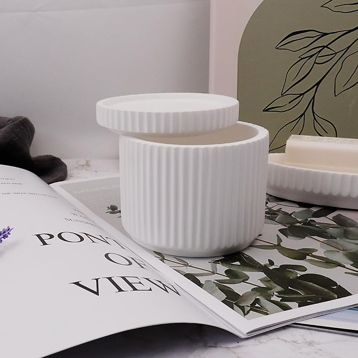 HEVSTIL Qtip Holder Dispenser with Lid Diatomite Holder Dispenser for Cotton Ball, Cotton Swab, Cotton Round Pads, Floss Picks for Bathroom Canister Storage Organization, Vanity Makeup Organizer