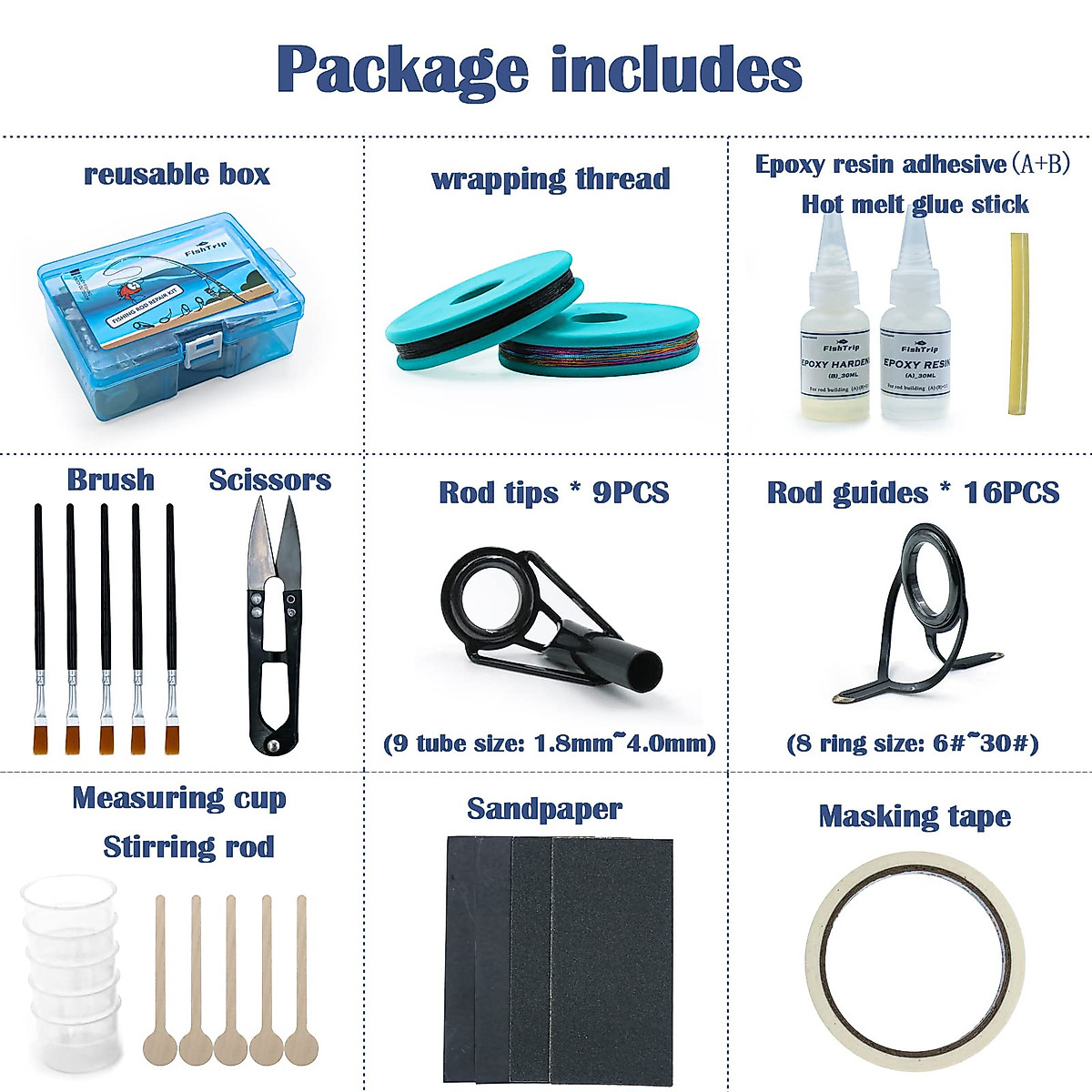 FishTrip Fishing Rod Guides Tips Repair Kit,8 Size Pole Guides and 9 Size Tips Replacement Kit with Epoxy Adhesive,Glue,Wrapping Thread and Tape for Freshwater Saltwater