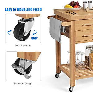 Giantex Kitchen Island, Bamboo Island Cart, Kitchen Trolley Cart on Wheels, Rolling Kitchen Cart, 2 Drawers, Towel Rack, Casters with Lock (Natural)