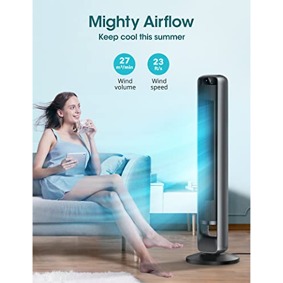 Tower Fan, 42”90° Oscillating Fan, DC Motor with 28dB, 12 Speeds, 4 Modes, Night Light, 12H Timer, LED Display, Quiet Cooling Bladeless Fan with Remote for Bedroom Living Room Office, Black,