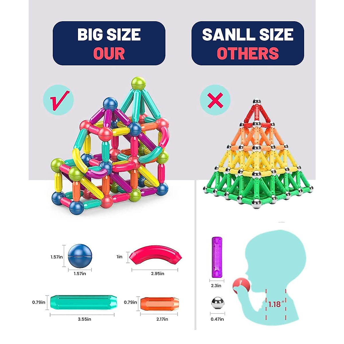 ROPECUBE 64 PCS Magnetic Balls and Rods Building Sticks Blocks Set, Children's Magnetic Building Blocks, 3D Magnetic Building Puzzle Toys. STEM Montessori Preschool Toys for Boys & Girls 3+