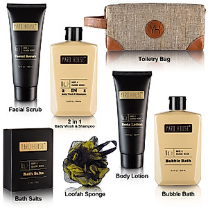 Yard House Mens Bath and Body Gift Set - Musk and Blonde Woods - Luxury Fathers Day Gifts From Daughter, Wife, Son For Dad, Husband - Relaxing Spa Kit for Him in Toiletry Bag w. Full Size Items